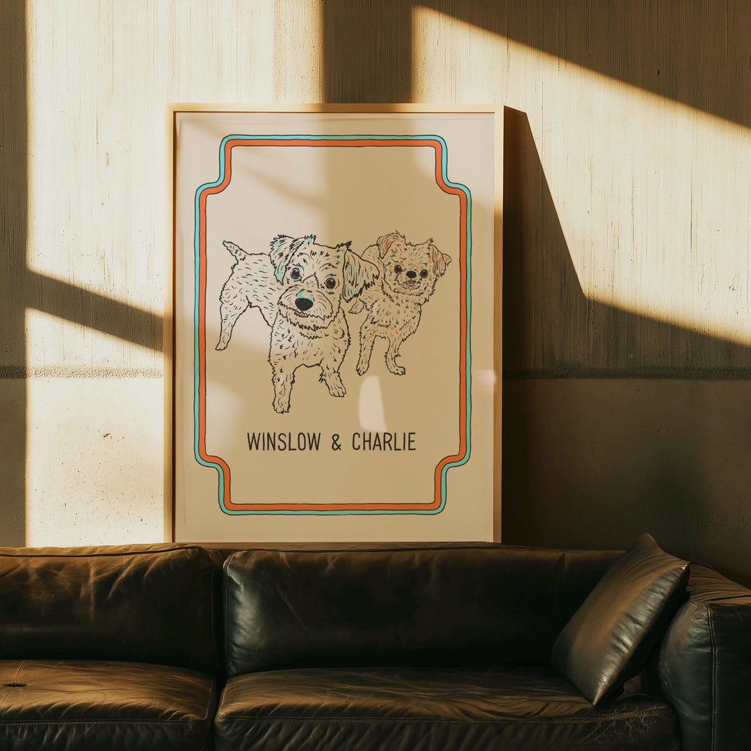 Retro Custom Two Pet Dog Portrait, Personalized Groovy Dog Portrait ...