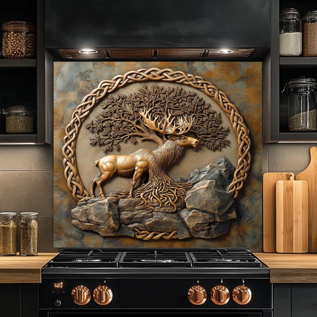 Tree of Life and Deer Glass Backsplash, Tempered Glass Backsplash ...