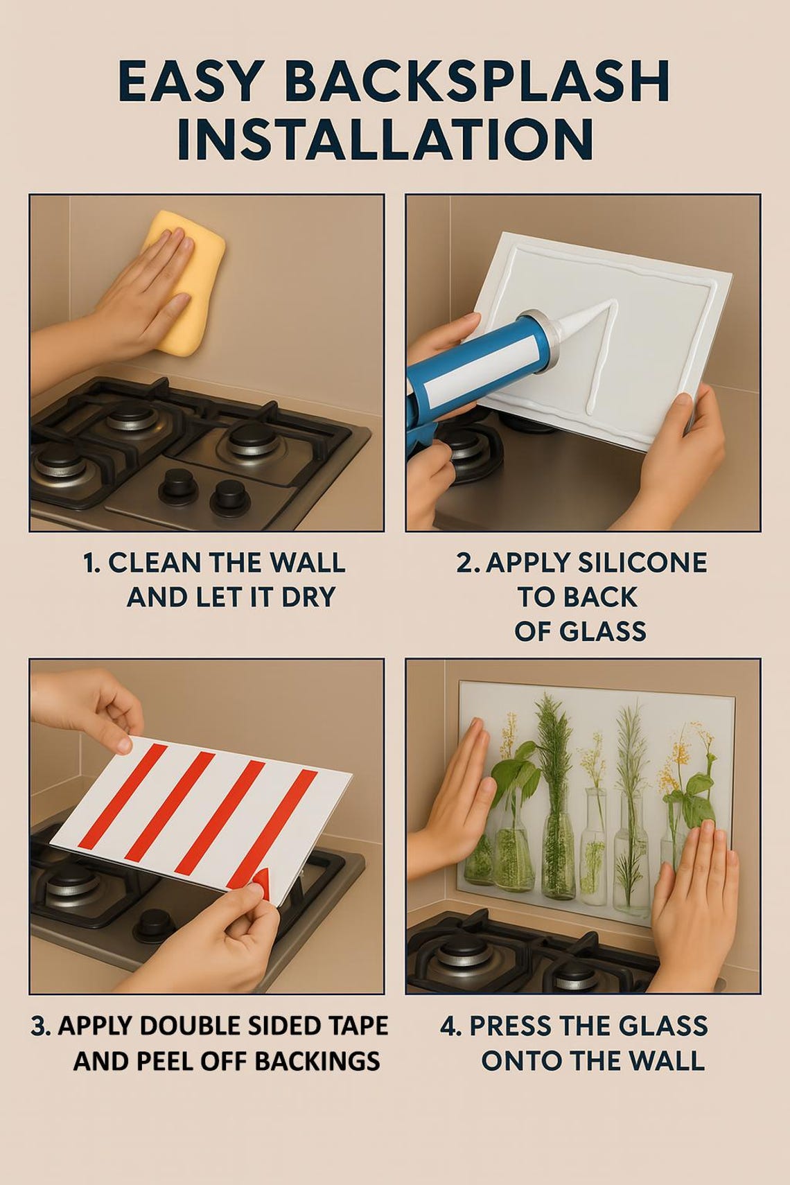 Tempered Glass Backsplash for Kitchen - Easy to Clean, Heat Resistant ...