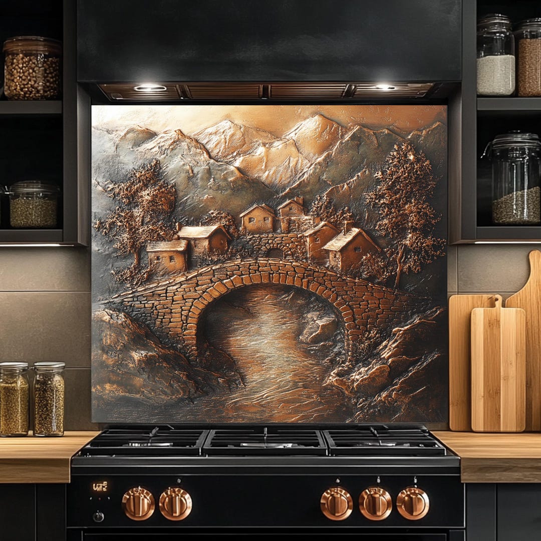Tempered Glass Backsplash, Village Scene Glass Backsplash, Rustic ...