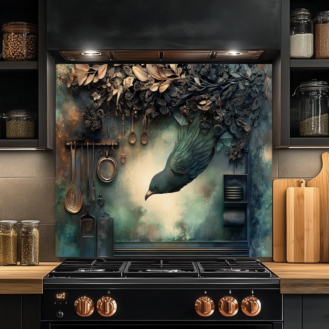 Tempered Glass Backsplash, Bird Glass Backsplash, Rustic Kitchen ...