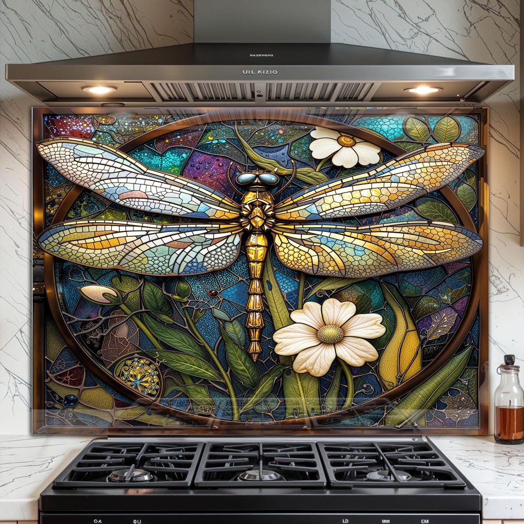 Dragonfly Daisy Tempered Glass Kitchen Backsplash - Etsy