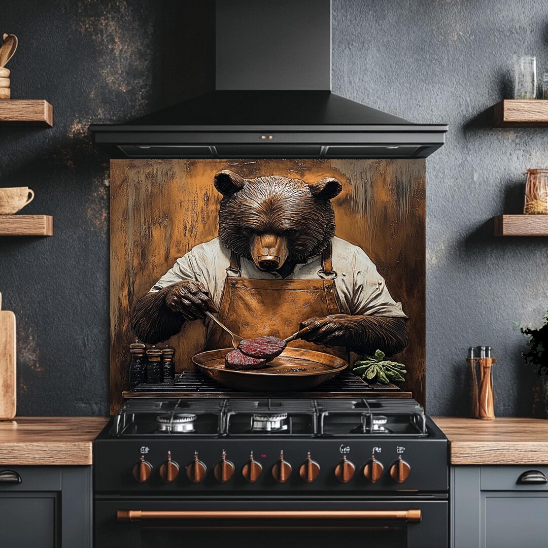 Bear Tempered Glass Backsplash for Kitchen, Chef Bear Glass Backsplash ...