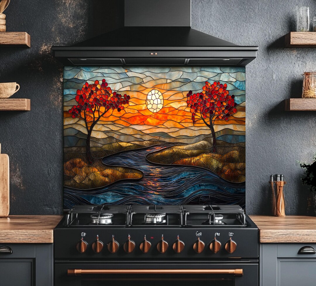 Tempered Glass Backsplash, Landscape Glass Backsplash, Stained Glass ...
