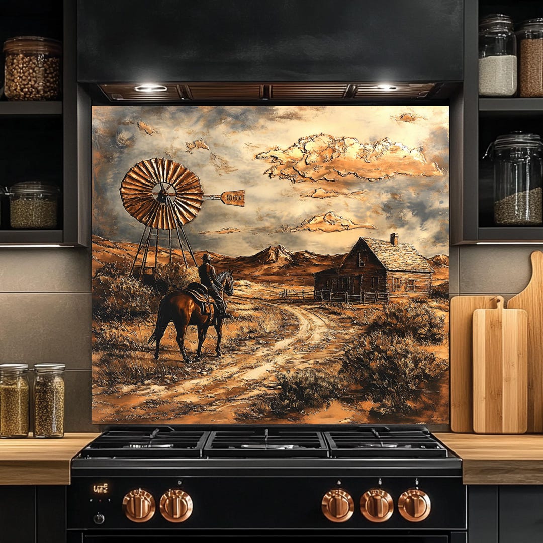 Western Glass Backsplash, Tempered Glass Backsplash, Rustic Kitchen ...