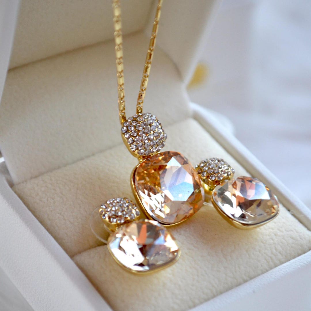 Elegant Champagne Crystal Jewelry Set ,gold Plated Necklace and ...