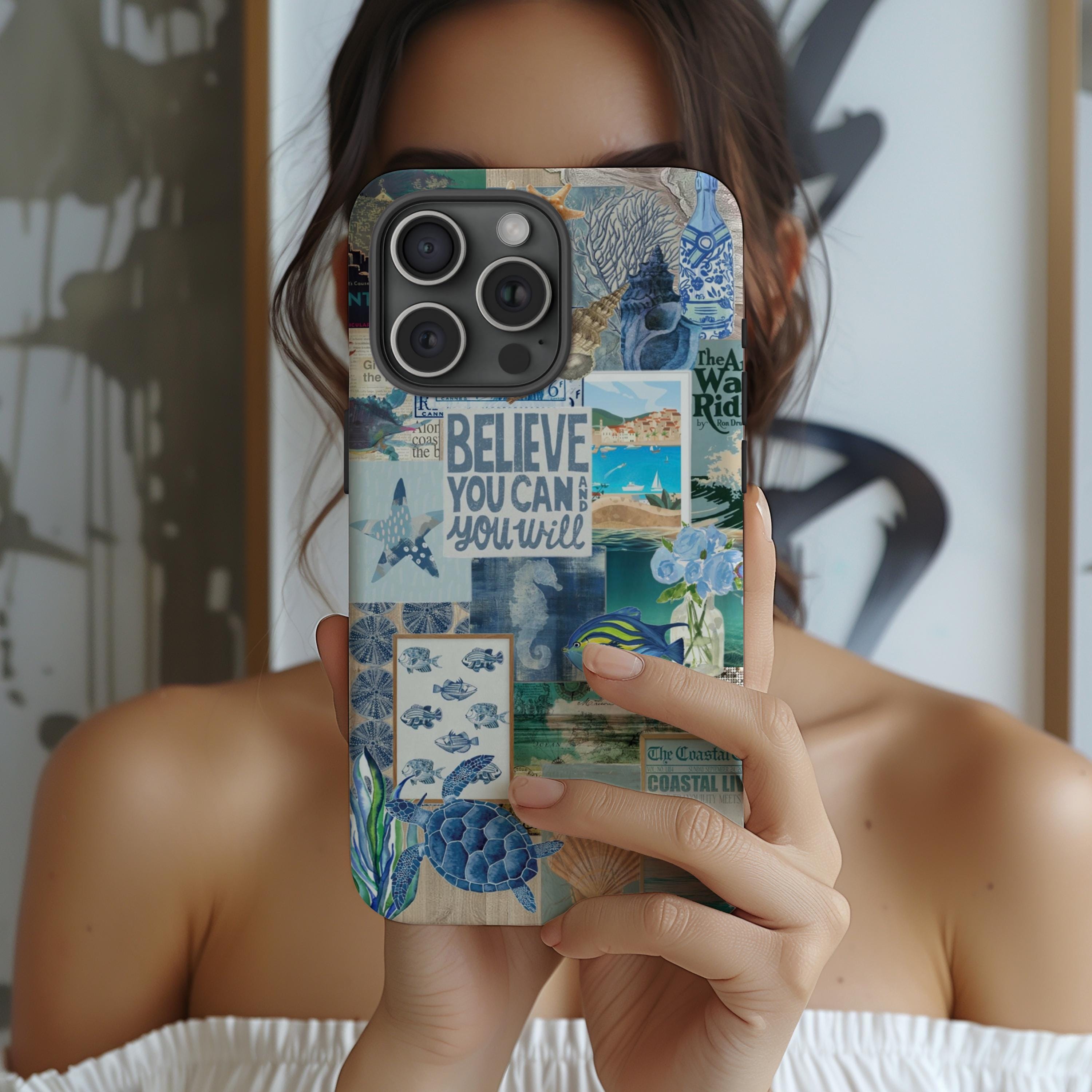 Believe Yourself Beachy Blue Art Aesthetic Collage Phone Case, Trendy ...
