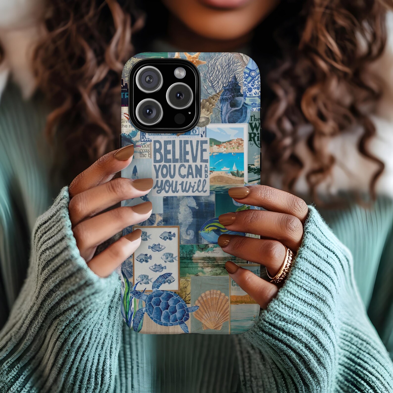 Believe Yourself Beachy Blue Art Aesthetic Collage Phone Case, Trendy ...
