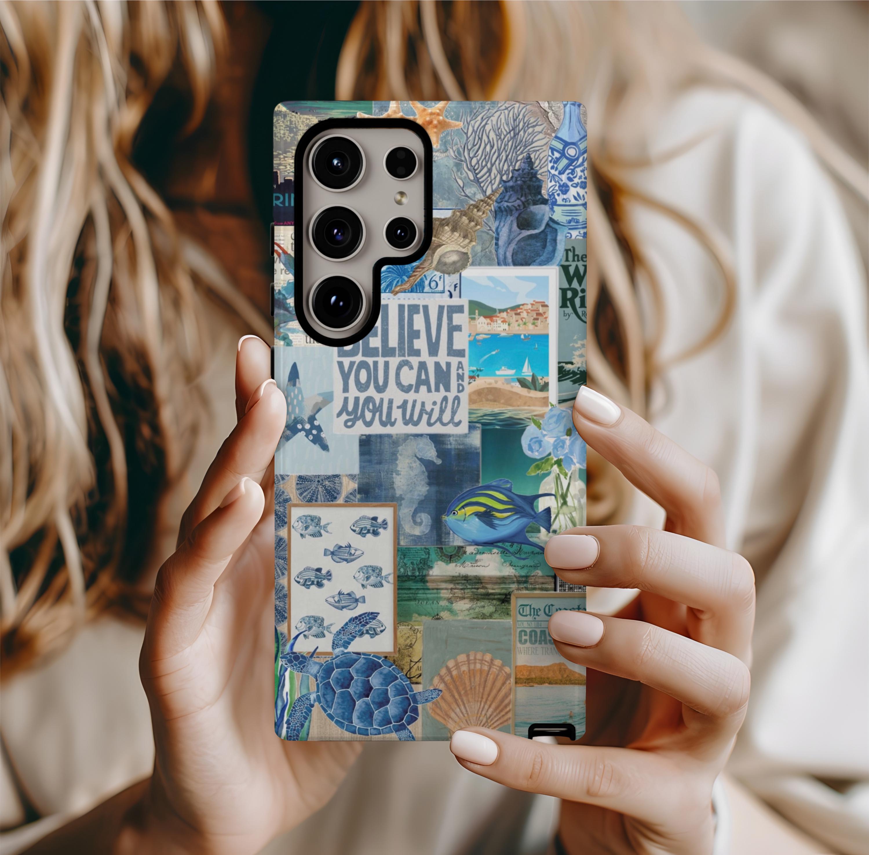 Believe Yourself Beachy Blue Art Aesthetic Collage Phone Case, Trendy ...