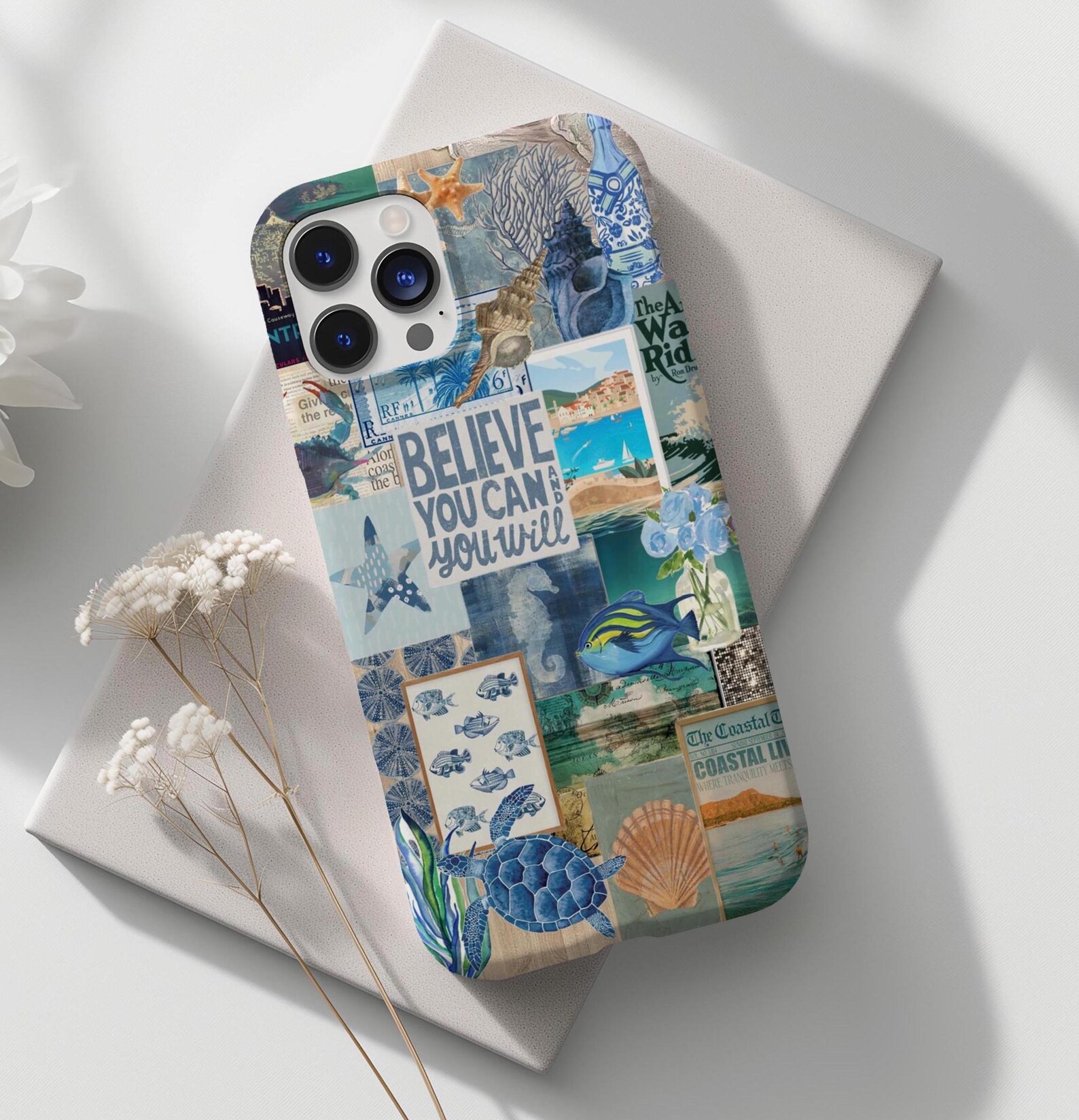 Believe Yourself Beachy Blue Art Aesthetic Collage Phone Case, Trendy ...