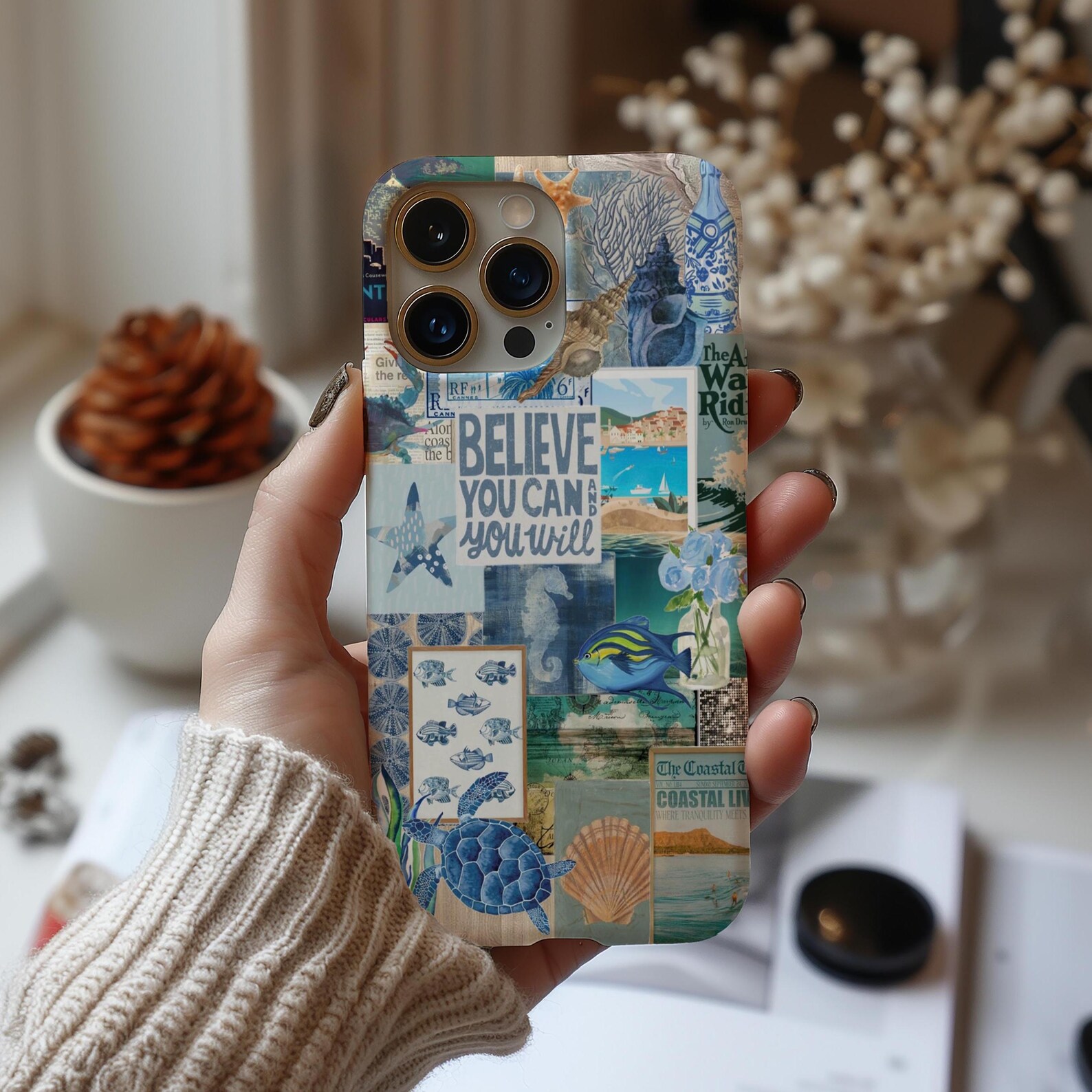 Believe Yourself Beachy Blue Art Aesthetic Collage Phone Case, Trendy ...
