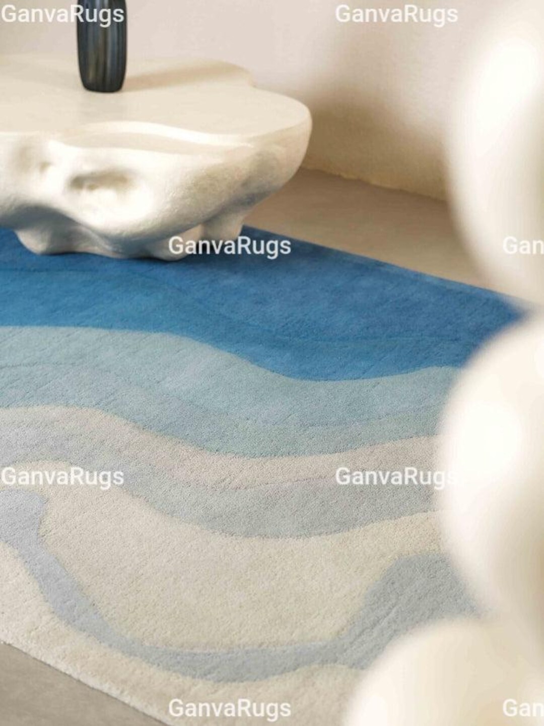 Abstract Modern Wavy Pattern Blue Habd Tufted Wool Rug - Etsy