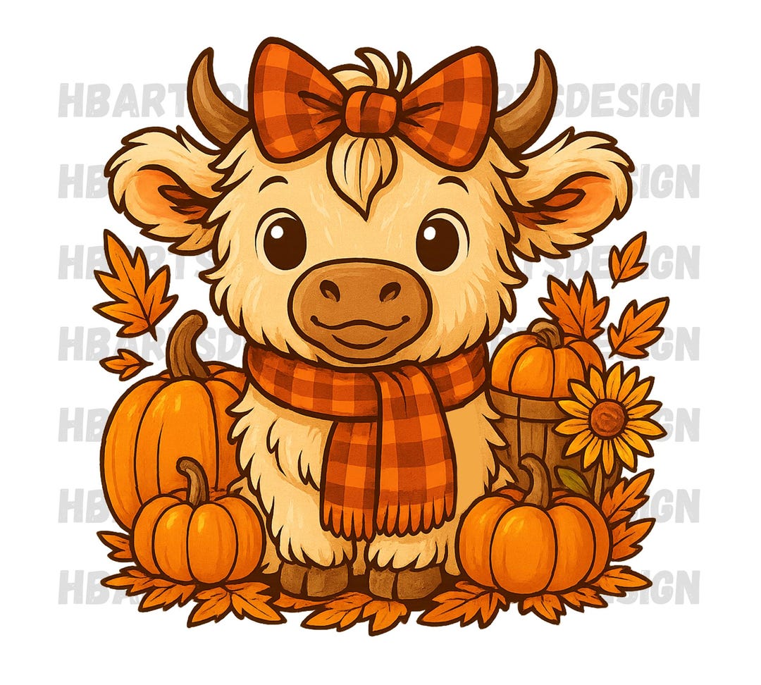Halloween Highland Calf With Pumpkin PNG: Fall Farmhouse Decor (digital ...