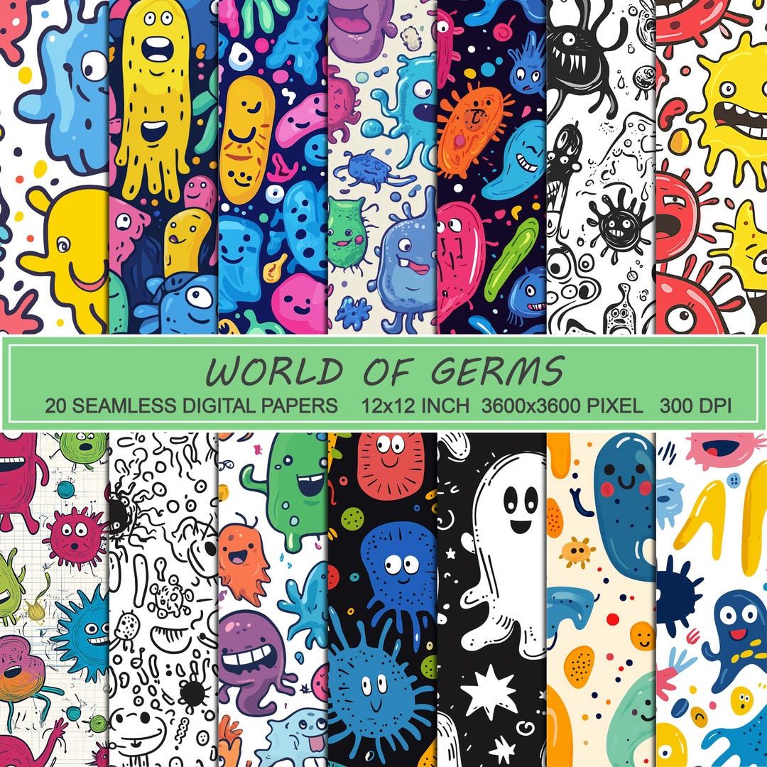 20 World of Germ Seamless Patterns, Doodle Digital Paper, Cute ...