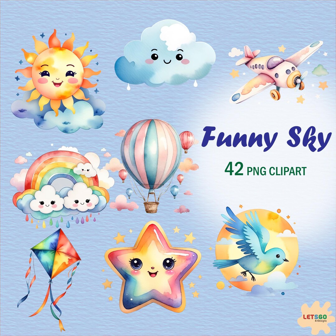 Funny Sky Clipart, Sun Clipart, Cute Clipart, Watercolor Clipart, Sky ...