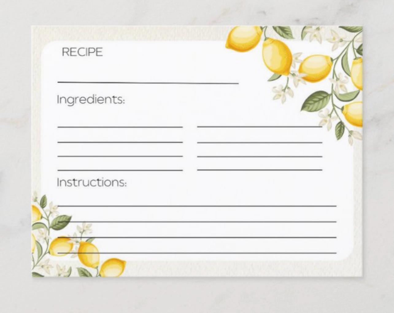 Lemon Recipe Card Template: 4x6 Printable Baking Card (digital Download ...