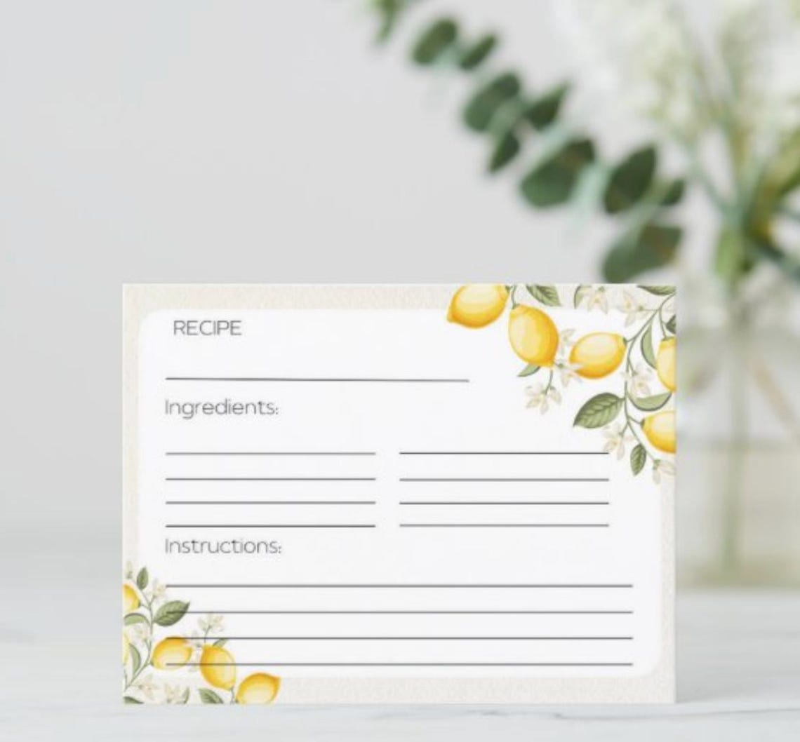 Lemon Recipe Card Template: 4x6 Printable Baking Card (digital Download ...