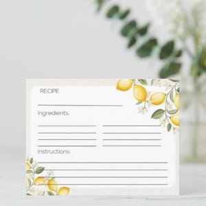 Lemon Recipe Card Template: 4x6 Printable Baking Card (digital Download ...