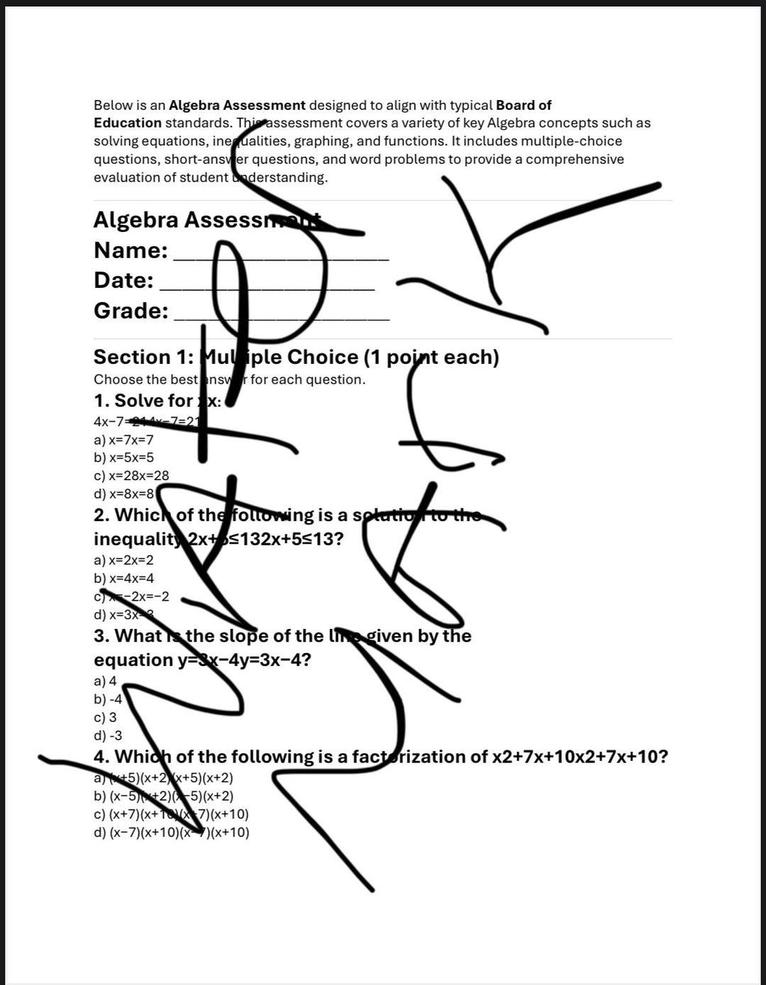 Algebra Assessment and Answer Sheet - Etsy