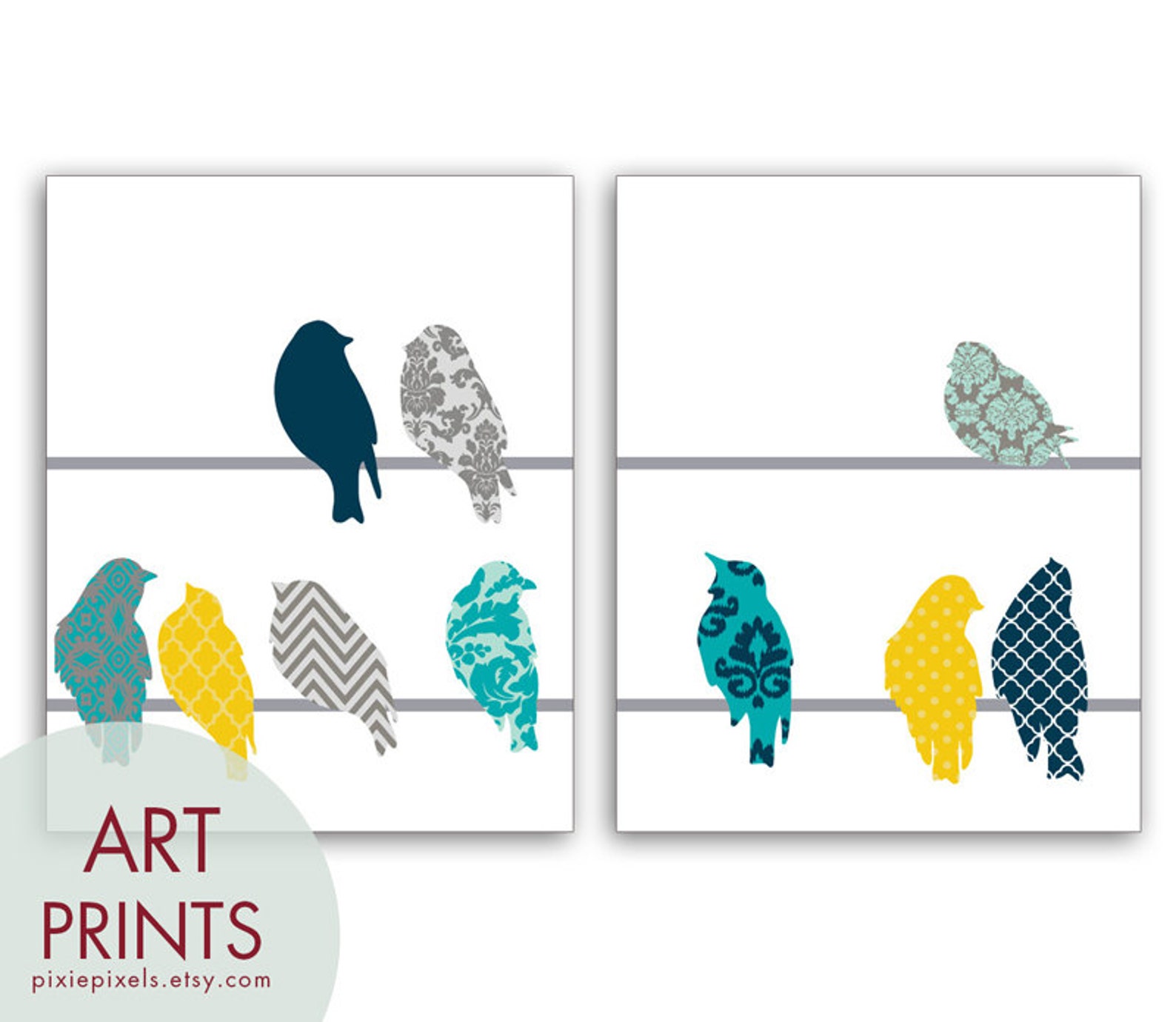 Vintage Pattern Birds on a Wire A Set of 2 Art Prints - Etsy