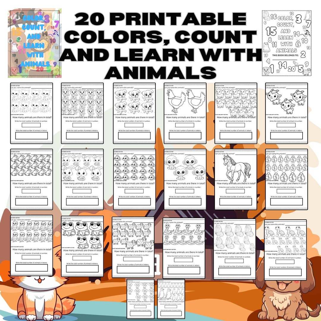 20 Pages, Color, Count and Learn With Animals a Printable Coloring Book ...