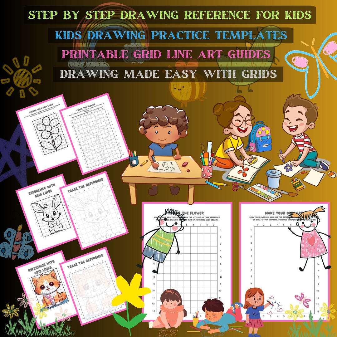 Printable Grid Line Art Guides / Step by Step Drawing Reference for ...