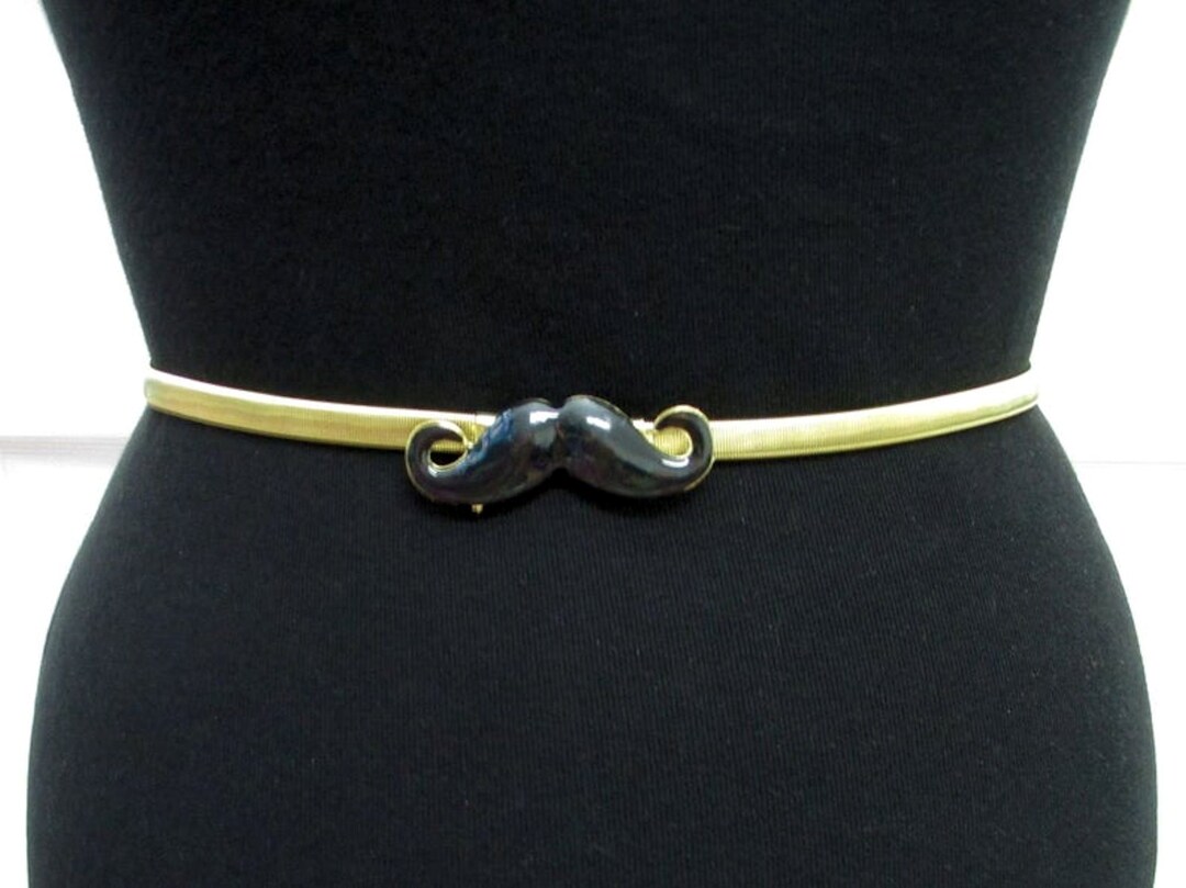 Skinny Elastic Cinch Gold Tone Metal Belt With Black Gold Enamel Buckle ...