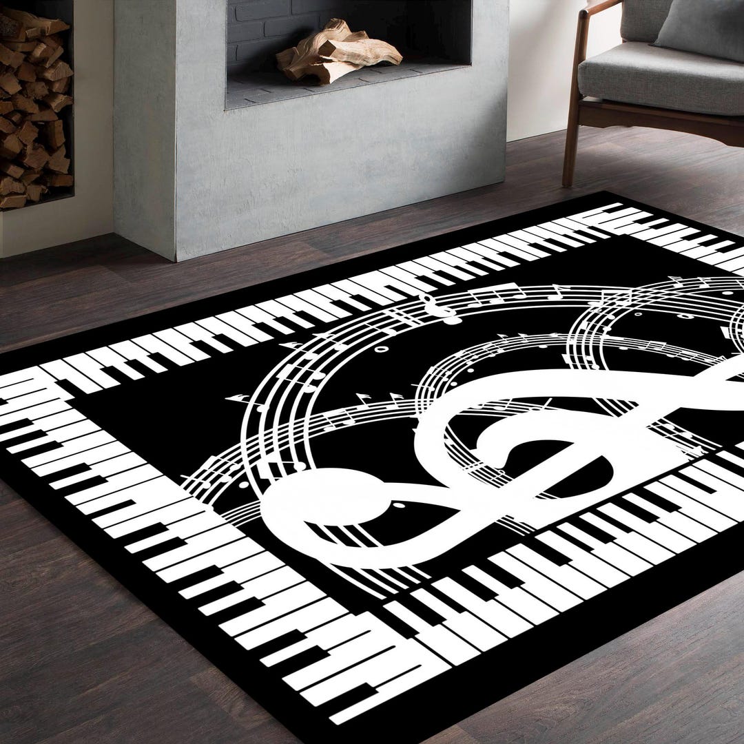 Musical Notes Piano Rug, Themed Area Rug, Piano Keys Rug, Black White ...