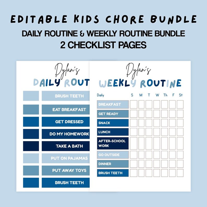 Editable Kids Chore Chart Bundle, School, Reward, Daily Checklist ...