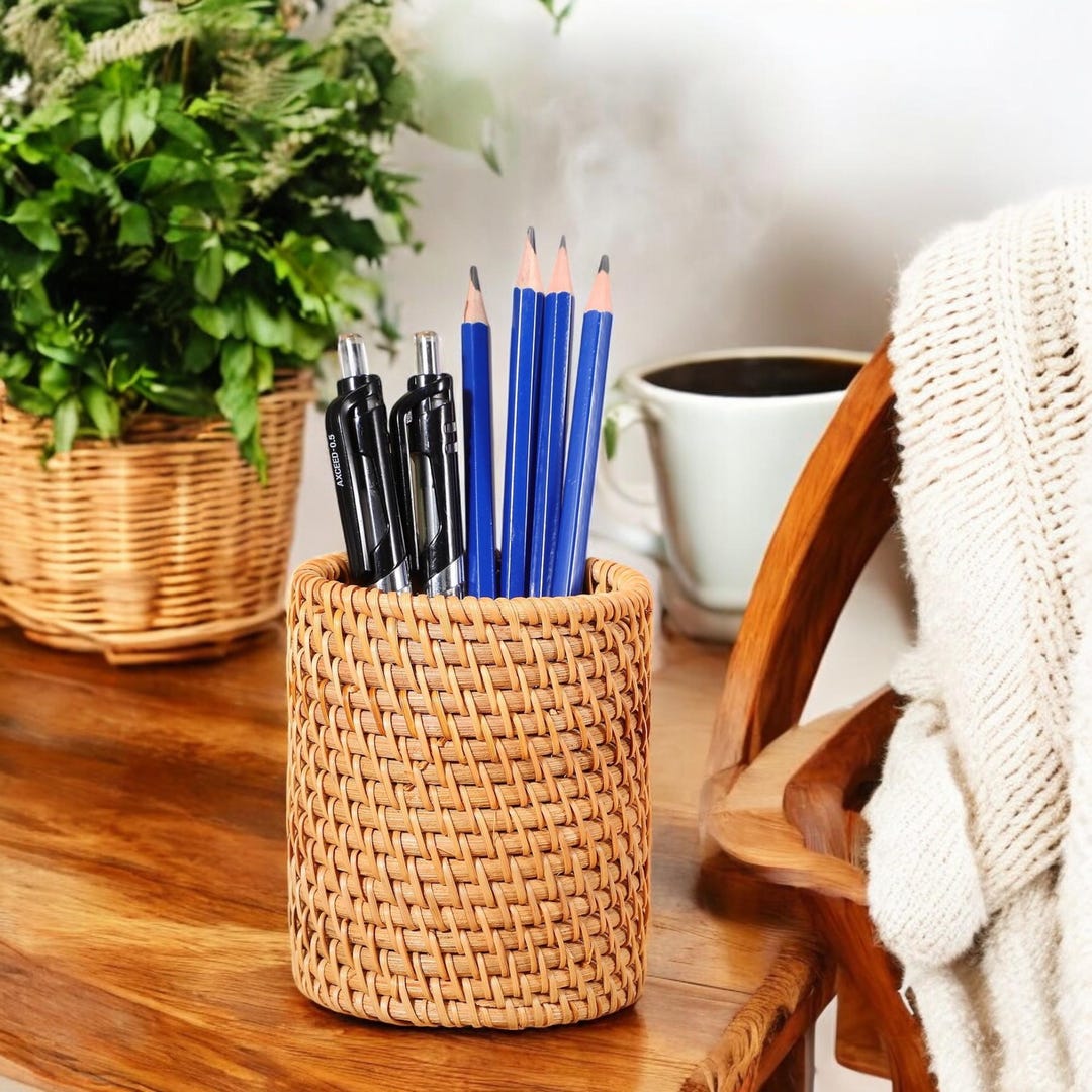 Rattan Woven Pen Holder Set, Handmade Creative Desktop Storage for ...