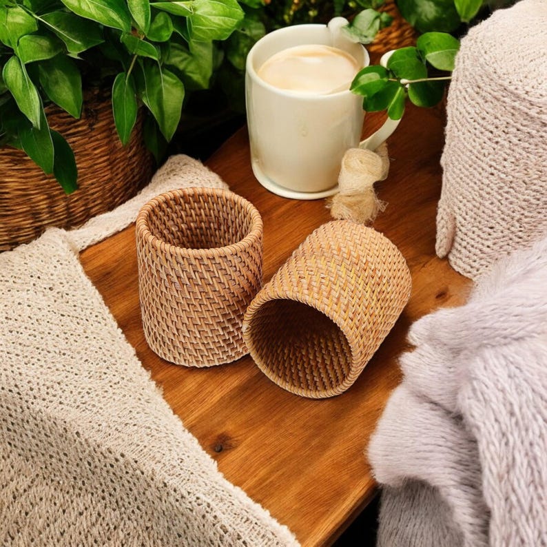 Rattan Woven Pen Holder Set, Handmade Creative Desktop Storage for ...