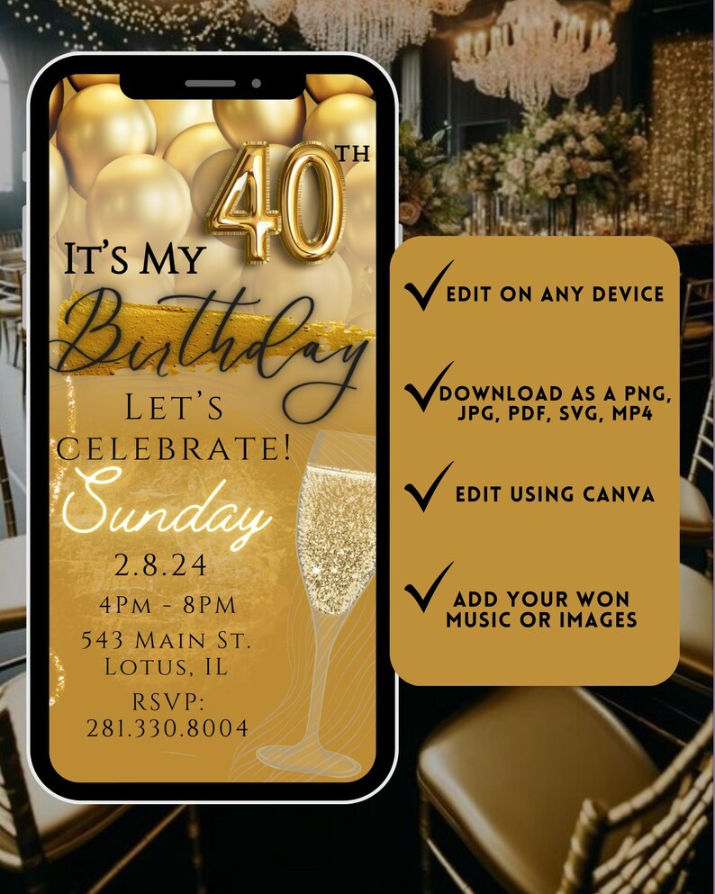 Gold 40th Birthday Party Canva Invitation, Digital Glam Dinner Invite ...