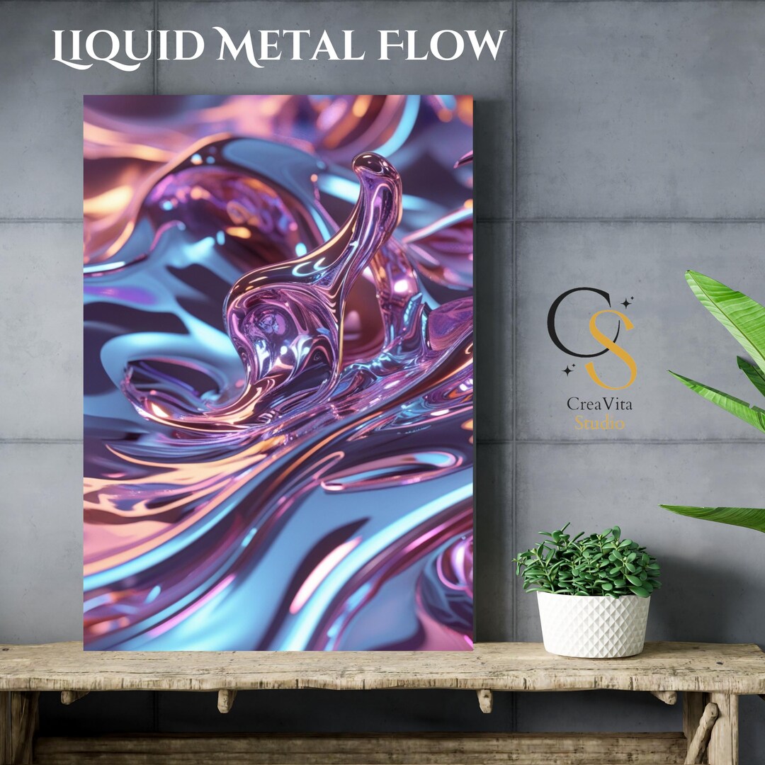Futuristic Liquid Metal Wall Art 3D Chrome Print Iridescent Fluid Decor ...