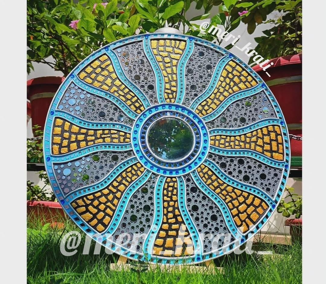 Handmade Lippan Mirror Art | Blue & Gold Circular Wall Decor (16 Inch ...