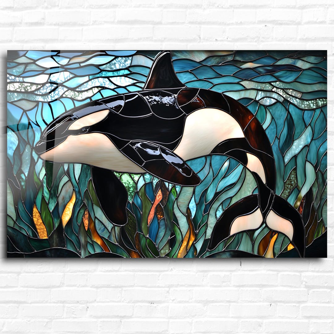 Orca Stained Glass Painting Wall Art, Sea Life Pattern, Glass Wall ...