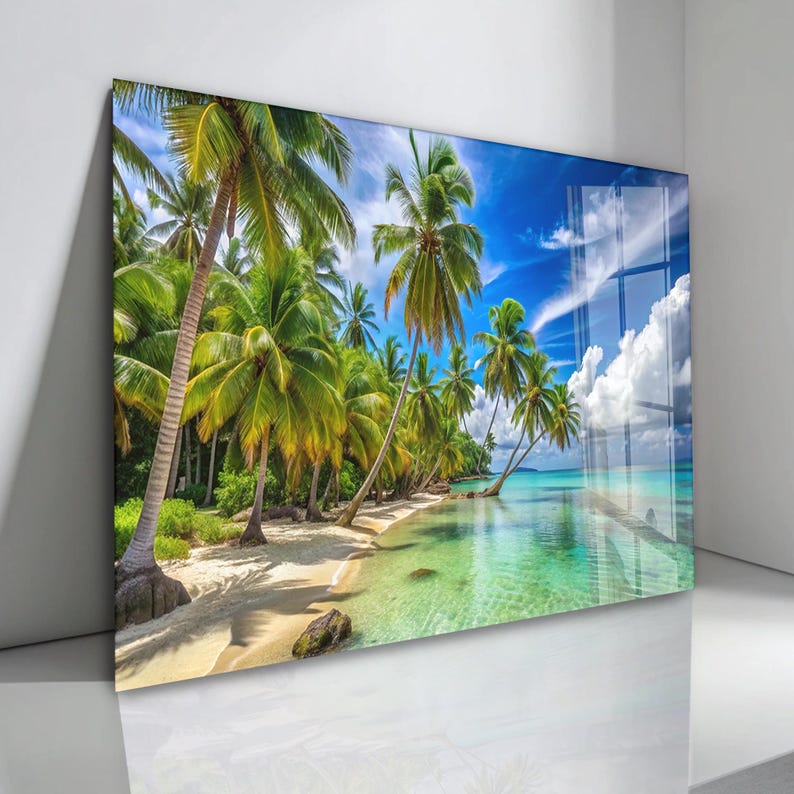 Tropical Beach Tempered Glass Wall Art: Coastal Palm Tree Decor - Etsy