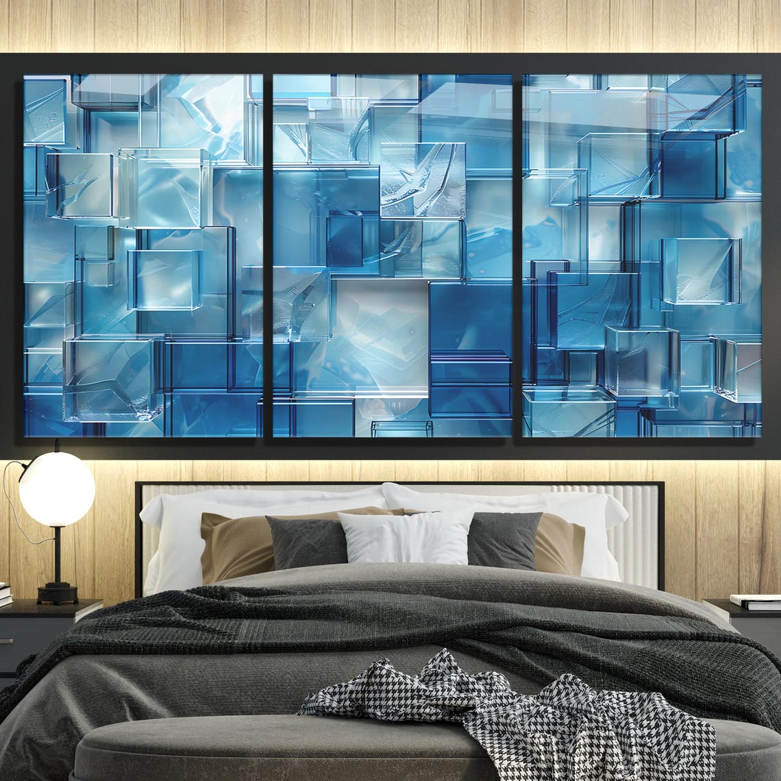 3D Look Blue Geometric Tempered Glass Wall Art, Modern Abstract Glass ...