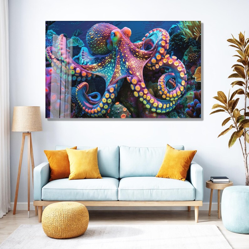 Colorful Octopus Glass Wall Art, Ocean Abstract Decor, 3D Effect ...