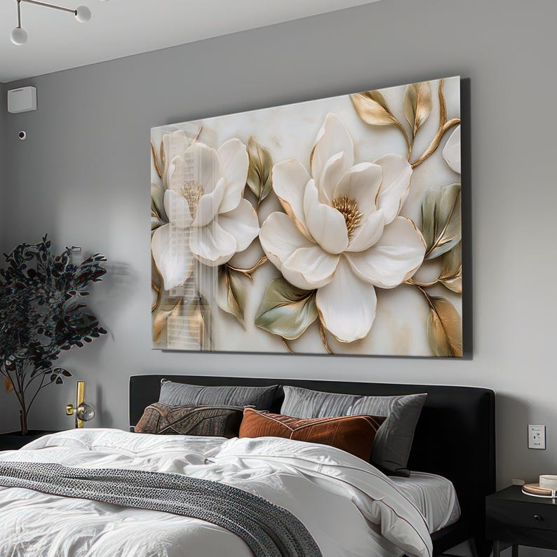 White Magnolia Tempered Glass Wall Art: Elegant Floral Decor - Etsy
