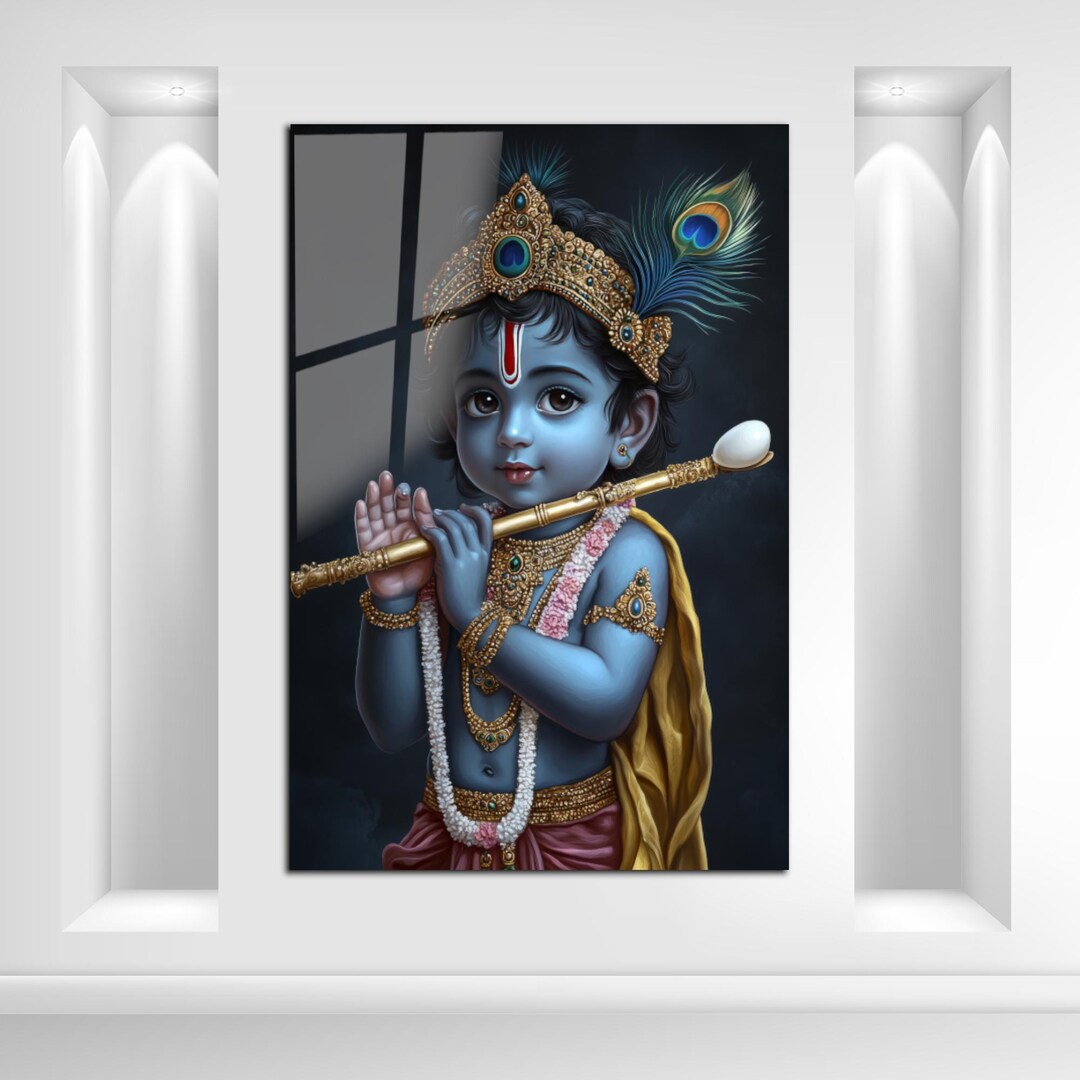 Cute Bal Krishna Wall Art, Indian Wall Art, Tempered Glass Wall Art ...