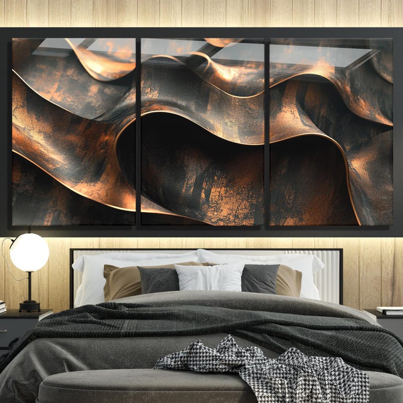 Rustic Copper Abstract Tempered Glass Wall Art – Metallic Wave Design ...