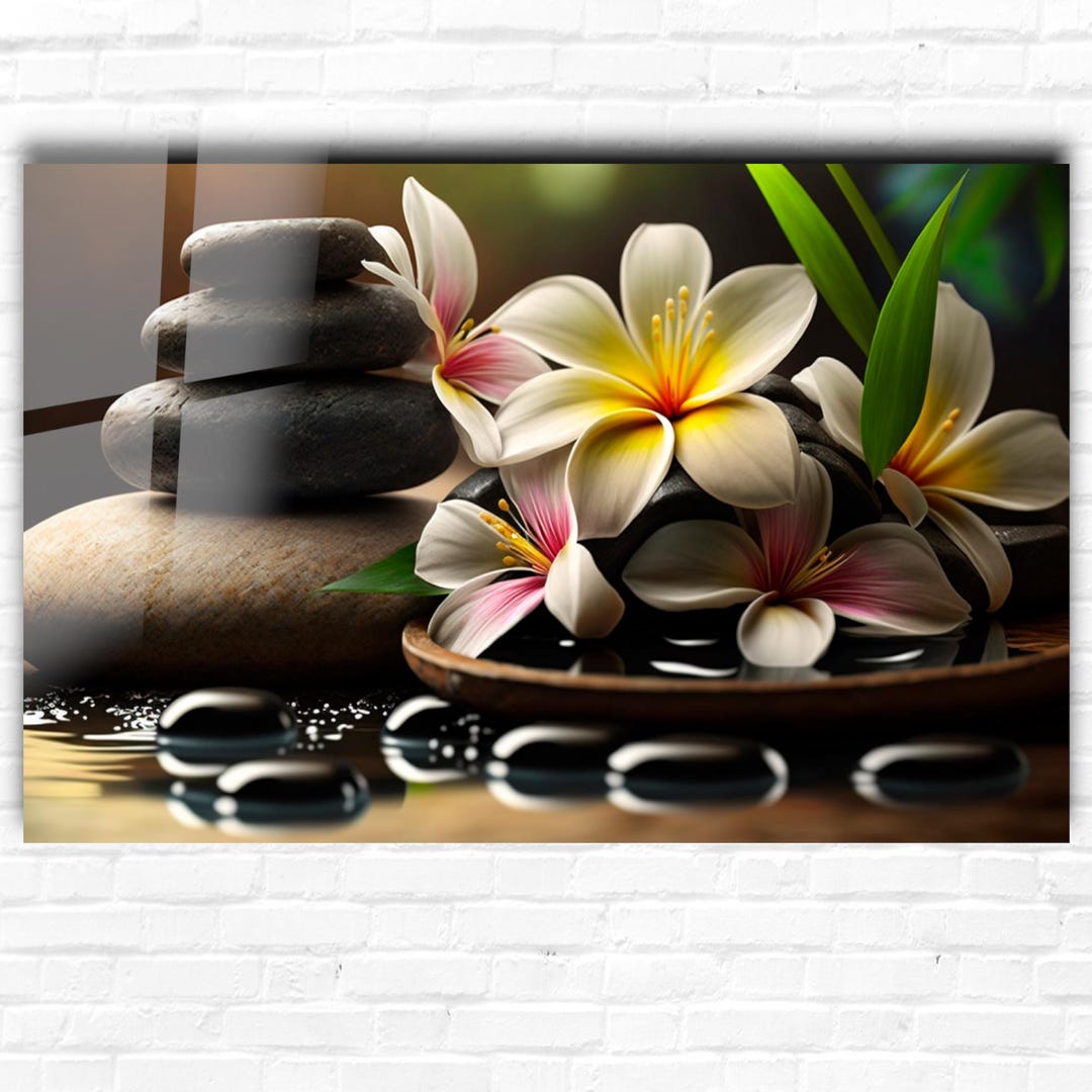 Zen Spa Stones With White Plumeria Flowers Tempered Glass , Relaxation ...