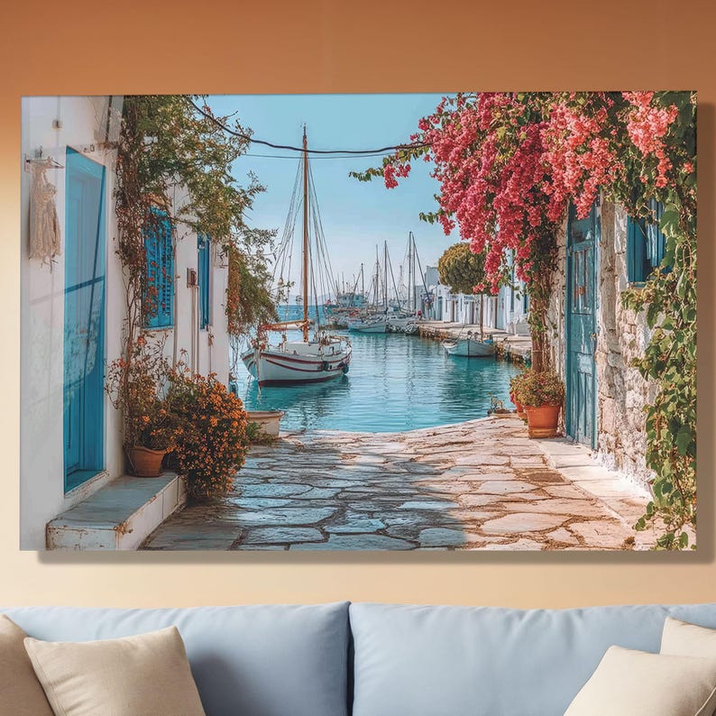 Greek Island Street Glass Wall Art, Coastal Mediterranean Decor - Etsy