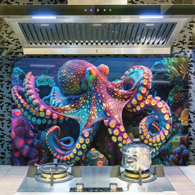 Colorful Octopus Glass Wall Art, Ocean Abstract Decor, 3D Effect ...