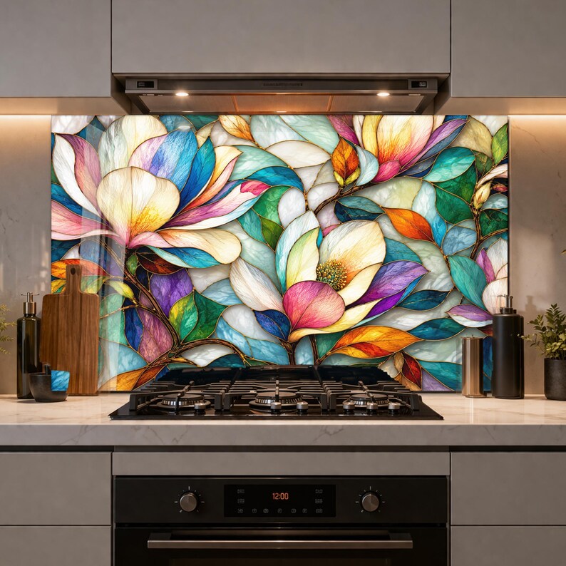 Colorful Stained Glass Floral Tempered Glass Wall Art, Modern Botanical ...