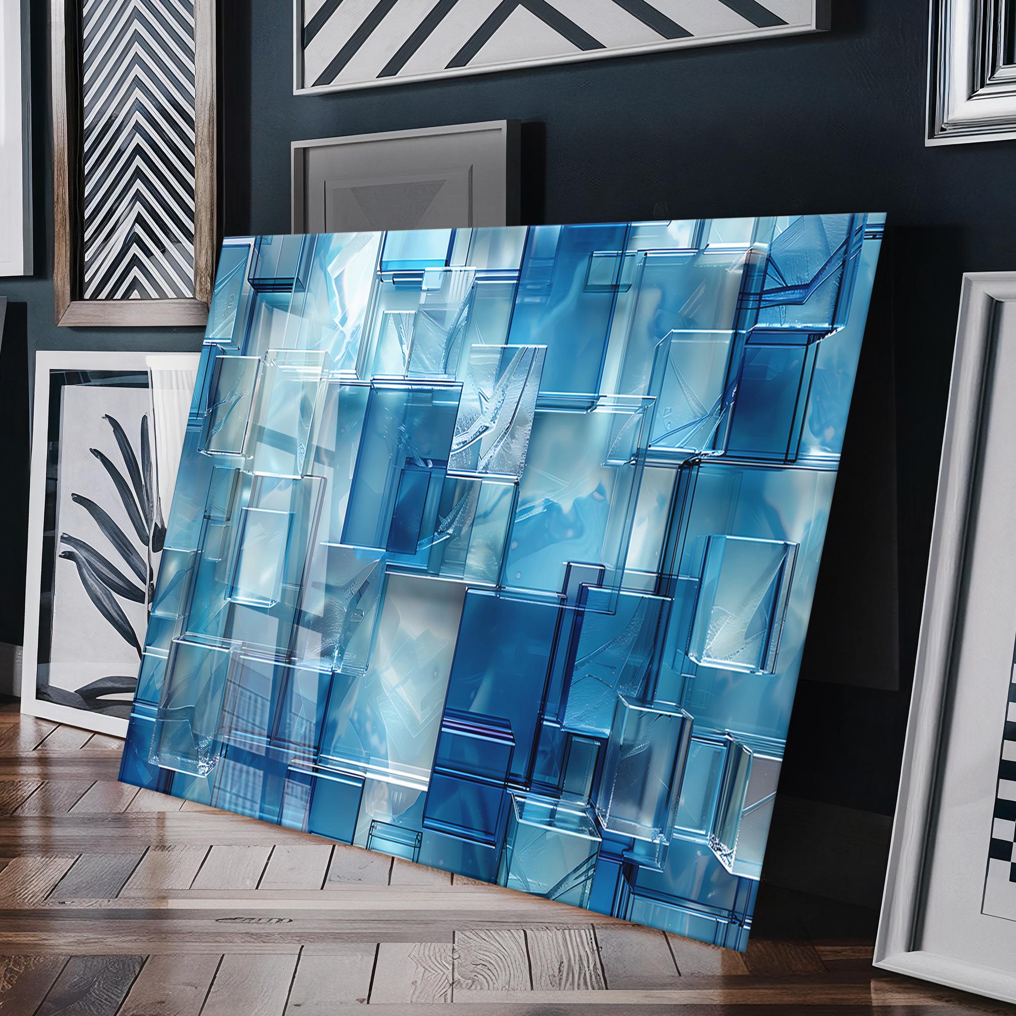 Blue Geometric Tempered Glass Wall Art, Modern Abstract Panel - Etsy