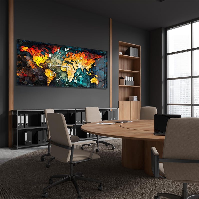 World Map Clock on Tempered Glass Wall Art - Modern Mosaic World Map ...