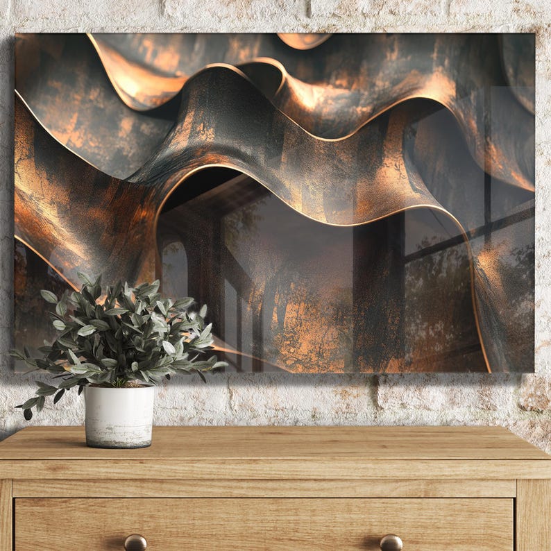 Rustic Copper Abstract Tempered Glass Wall Art – Metallic Wave Design ...