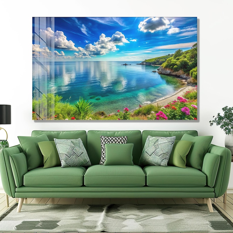 Mediterranean Turquoise Cove Tempered Glass Wall Art, Serene Seaside ...