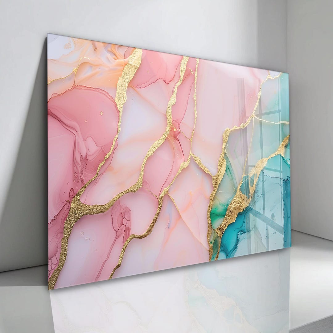 Teal & Pink Marble Tempered Glass Wall Art: Modern Abstract Design - Etsy
